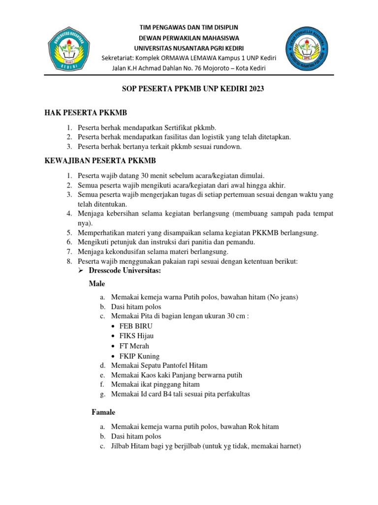 SOP PESERTA PPKMB UNP KEDIRI 2023 - New | PDF