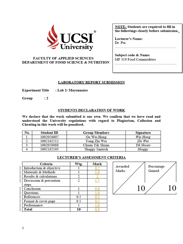 Group 2 Lab 2 Mayonnaise-2 | PDF | Emulsion | Mayonnaise