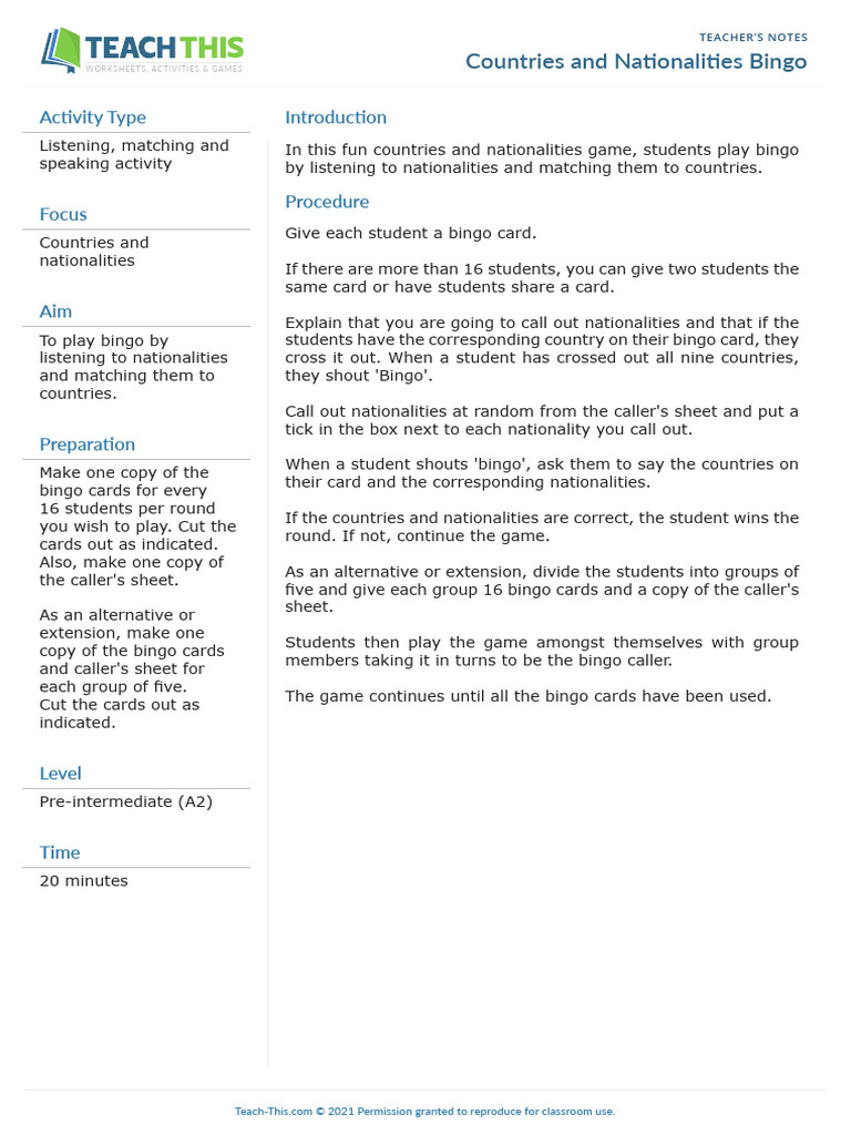 Countries and Nationalities Bingo | PDF