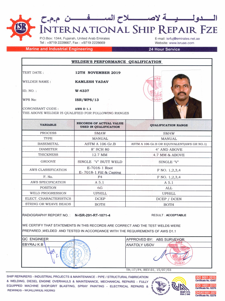 Welding Certificate ISR1 | PDF