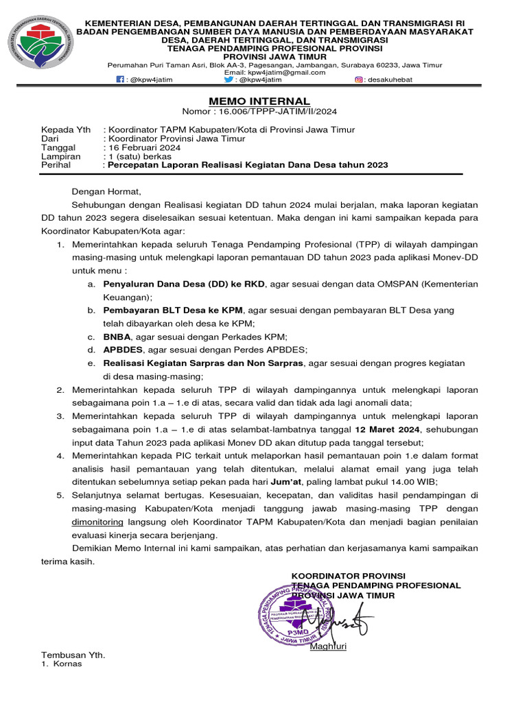 006-Memo Progres Realisasi Penggunaan DD 2023 | PDF