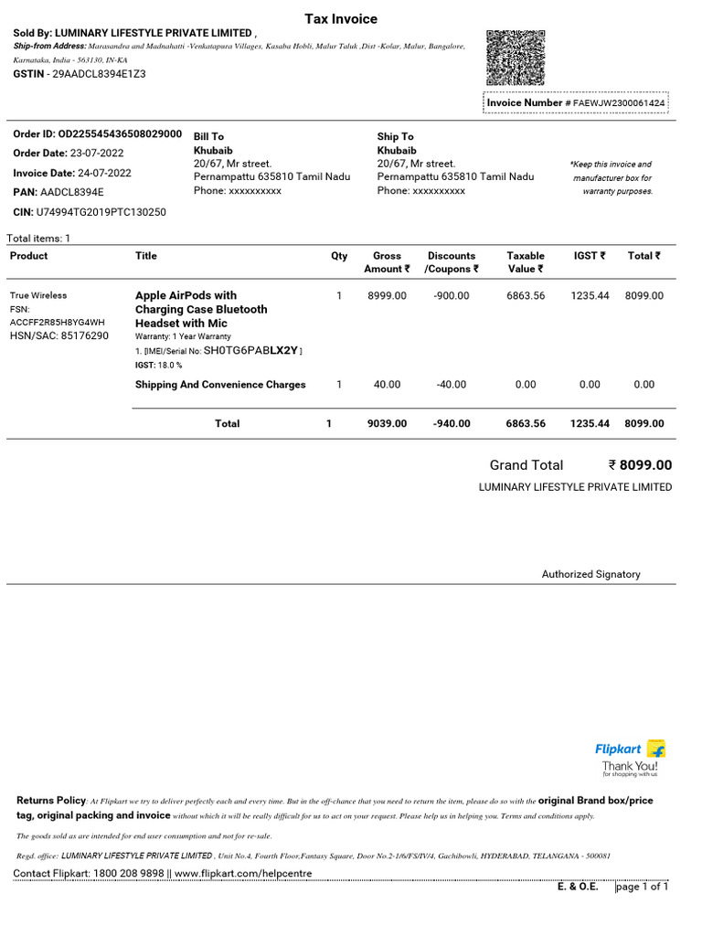 Invoice for Apple AirPods Purchase | PDF