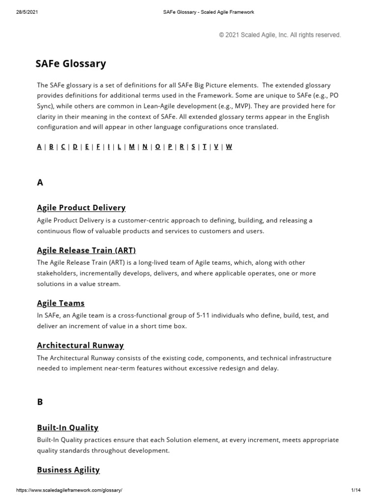 SAFe Glossary - Scaled Agile Framework | PDF | Agile Software ...