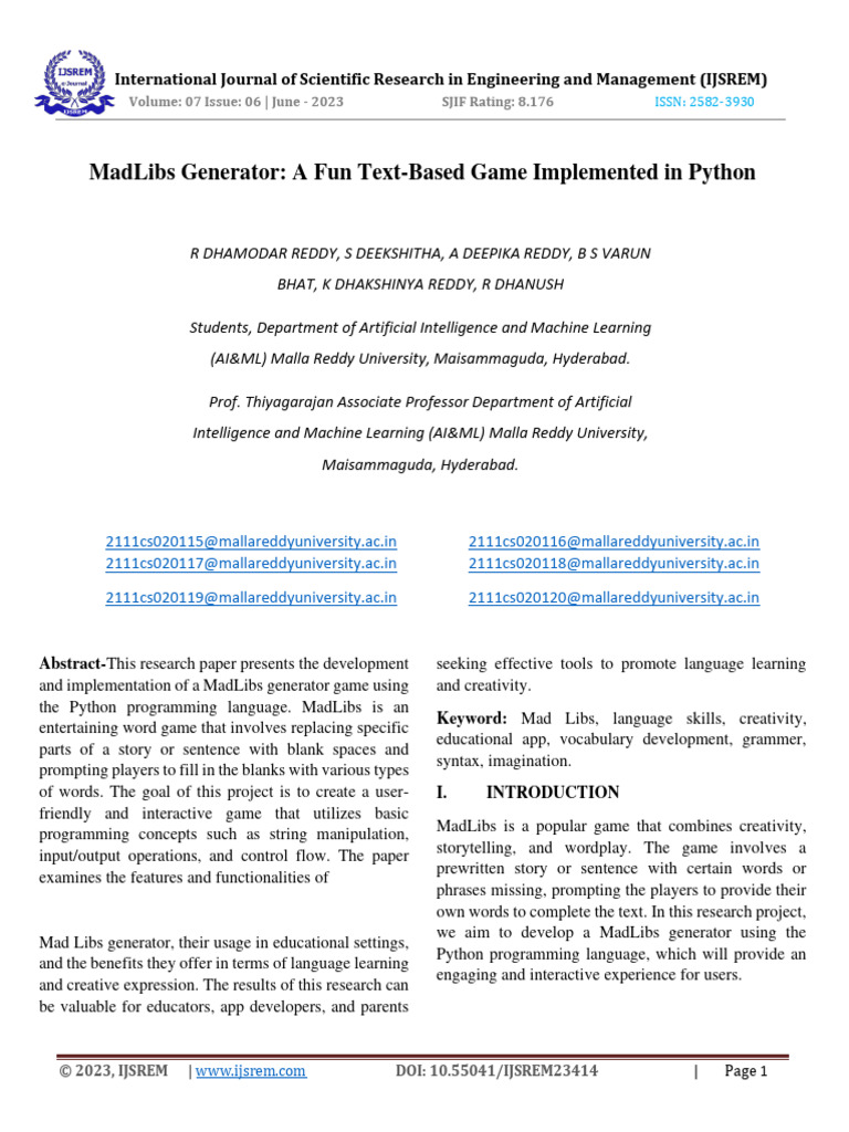 Madlibs Generator A Fun Text Based Game Implemented In Python Pdf Usability Control Flow