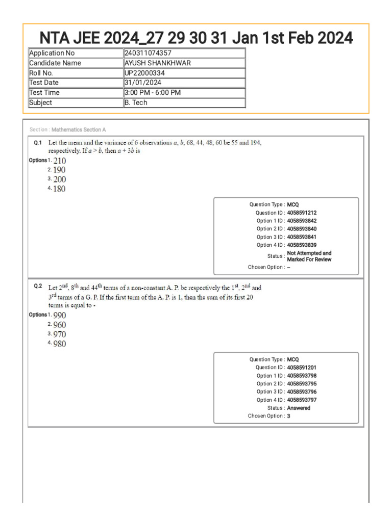 Jee Mains Answer Key | PDF | Multiple Choice | Higher Education