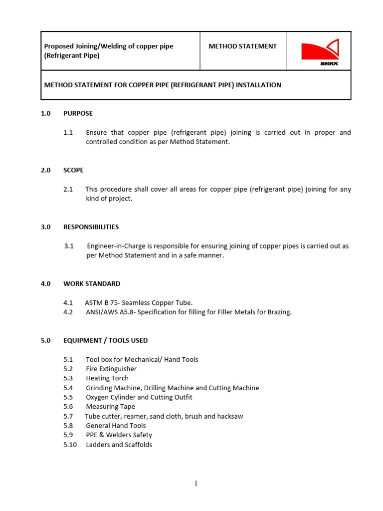 Method of Statement For Welding Refrigerant Pipes | PDF | Pipe (Fluid Conveyance) | Welding