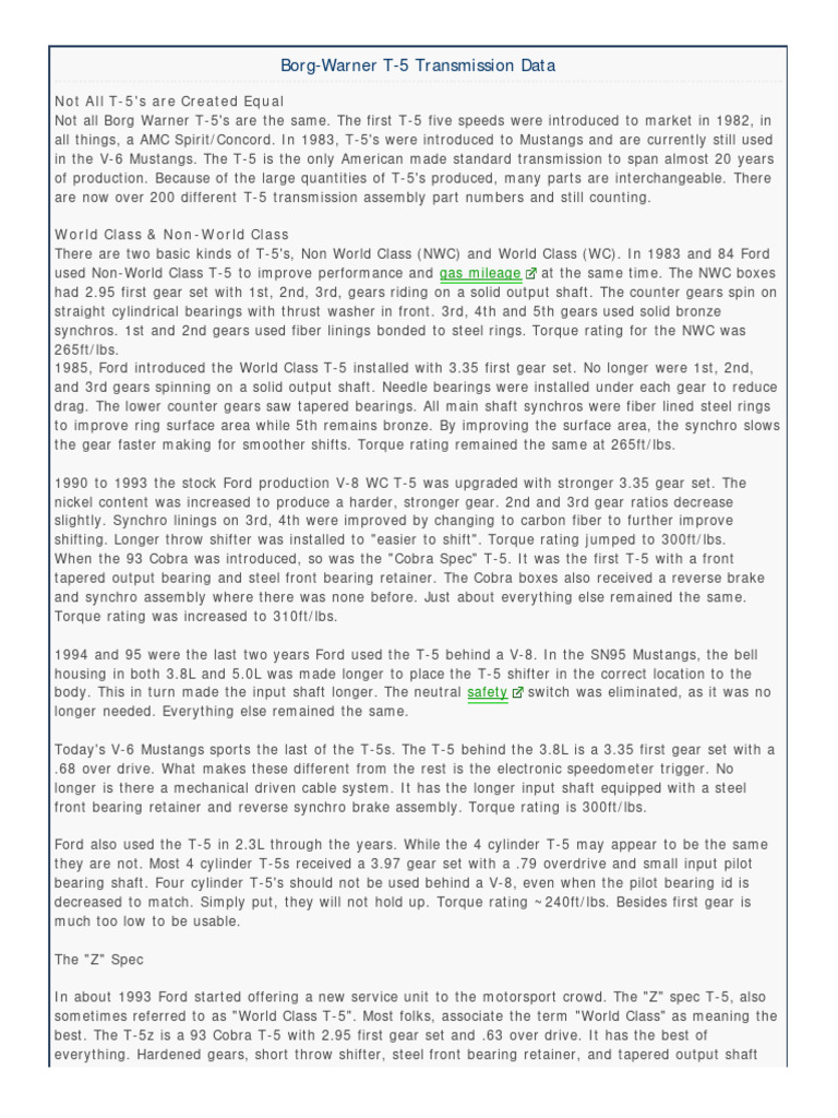 Borg-Warner T-5 Transmission Data - Unknown | PDF | Gear | Vehicle ...