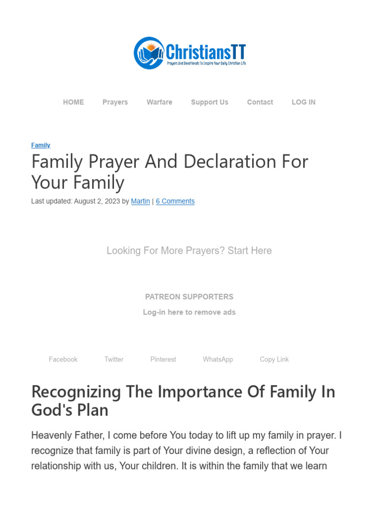Family Prayer And Declaration For Your Family - ChristiansTT | PDF