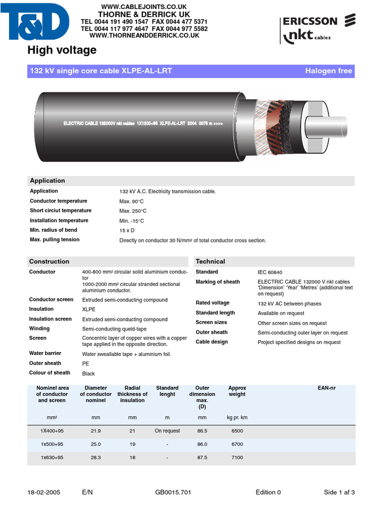 High Voltage Cable Specs | PDF | Insulator (Electricity) | Electrical ...
