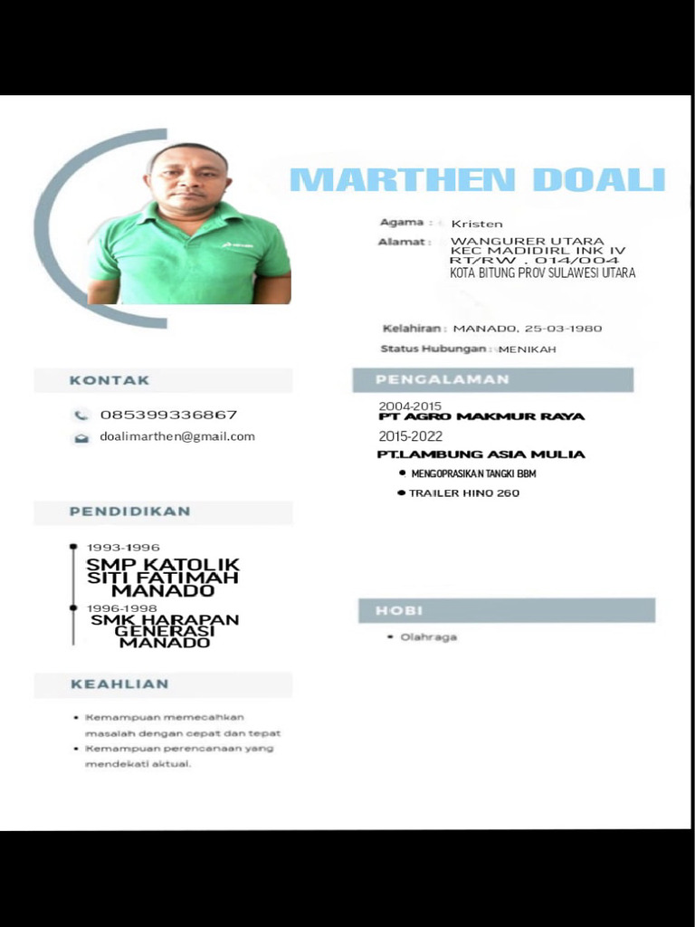 Marthen Doali, CV Sim B 2 Umum, Ijazah Terakhir, SKCK, KTP | PDF