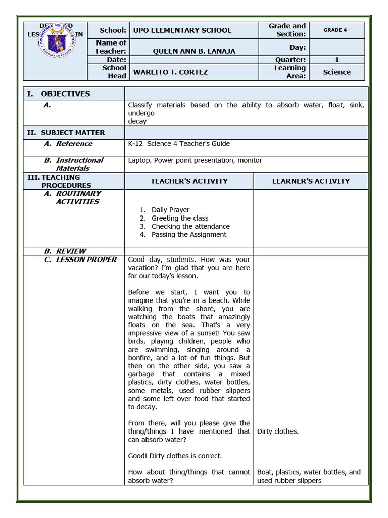 DLP Science 4 - Q1 | PDF | Water | Soil