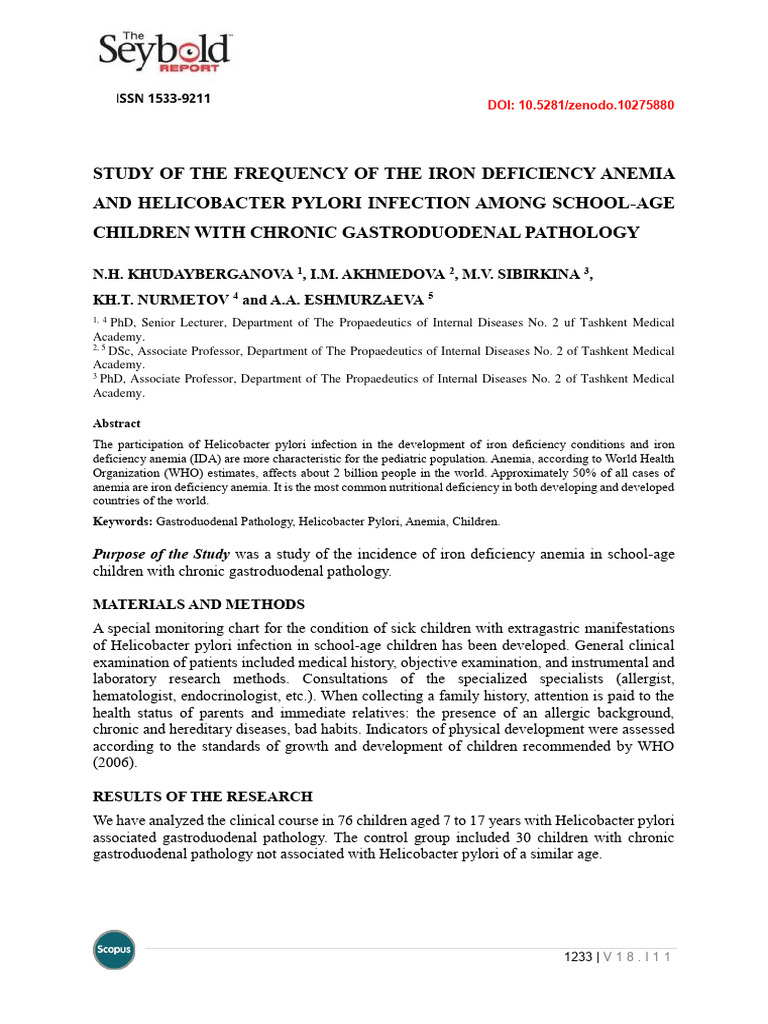 Study of The Frequency of The Iron Deficiency Anemia and Helicobacter ...