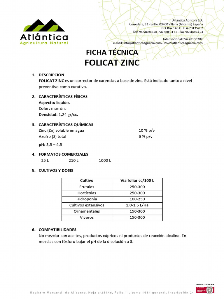 Ficha Tecnica Folicat Zinc | PDF