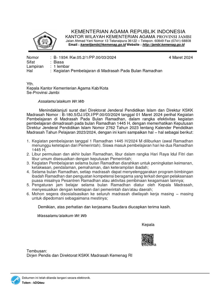 Kegiatan Pembelajaran Di Madrasah Pada Bulan Ramadhan - Signed | PDF