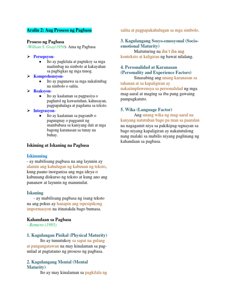 Aralin 2-Ang Proseso NG Pagbasa | PDF