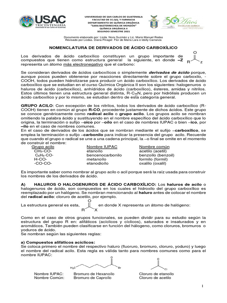 Nomenclatura Derivados de Acido QOII 2021 | PDF | Ácido carboxílico | Ester