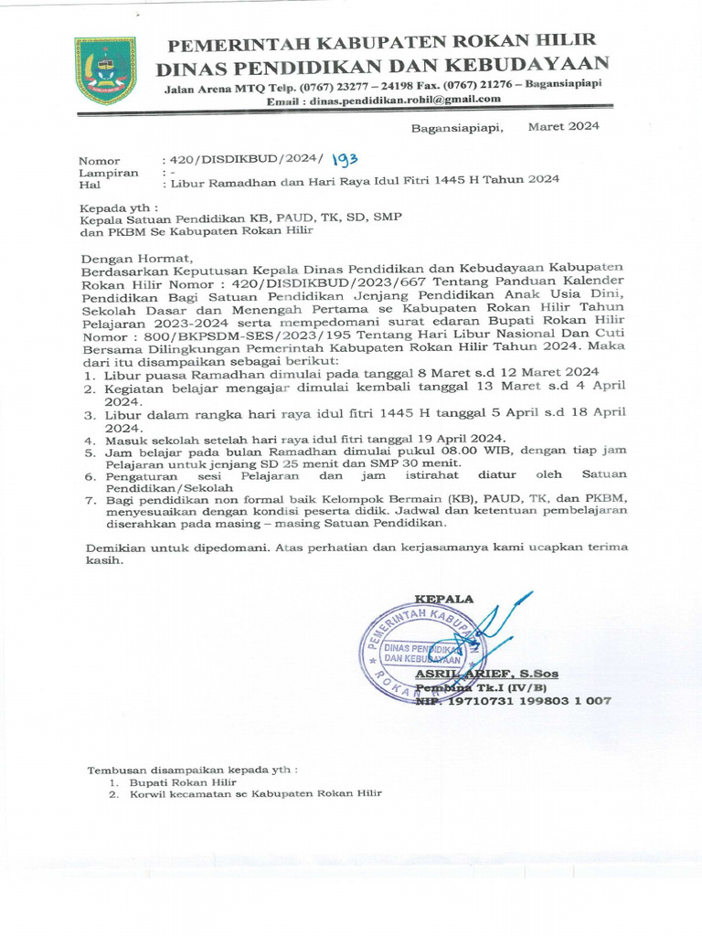 Surat Edaran Libur Sekolah | PDF