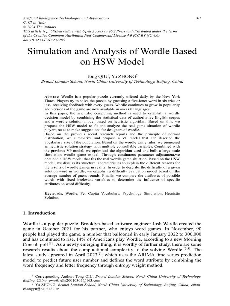 Simulación Y Análisis De Wordle Basado En El Modelo Hsw Febrereo 2024 Pdf Statistics