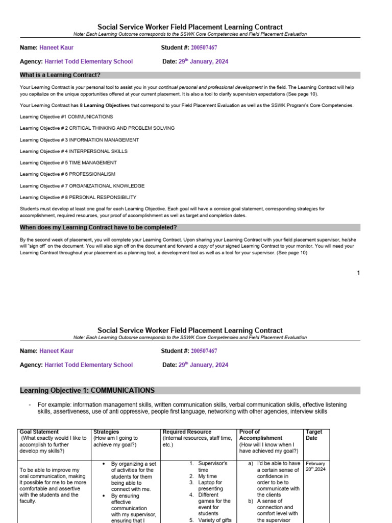 Social Service Worker Learning Contract | PDF | Goal | Communication