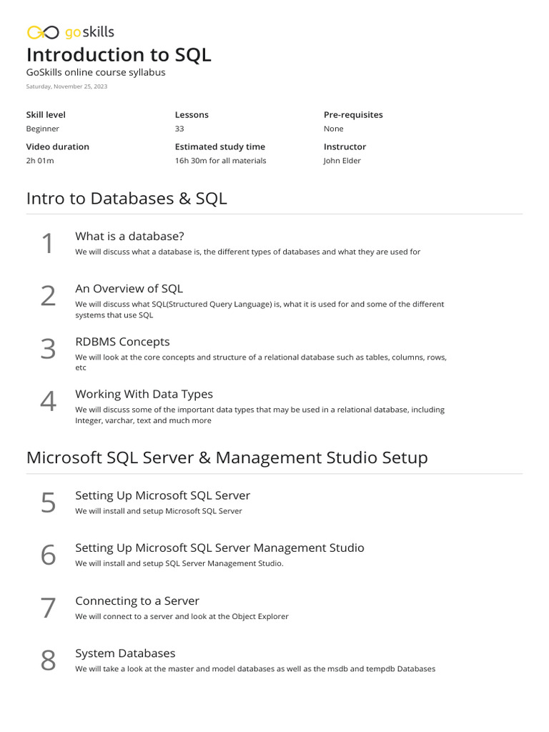 Introduction To SQL - GoSkills Course Syllabus | PDF | Relational Database | Sql
