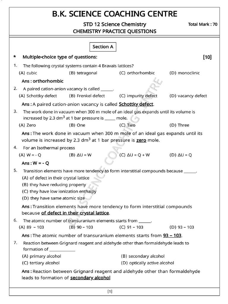 12 HSC Chemistry Practice Set 1solution | PDF