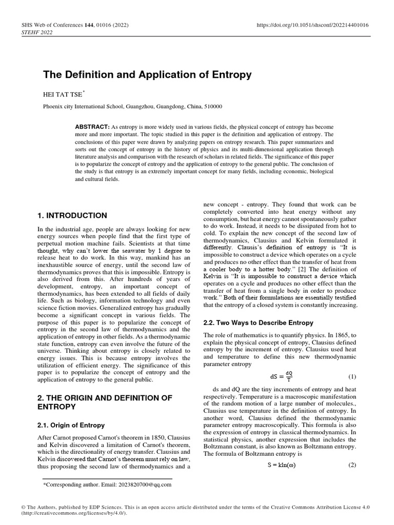 The Definition and Application of Entropy | PDF | Entropy | Temperature