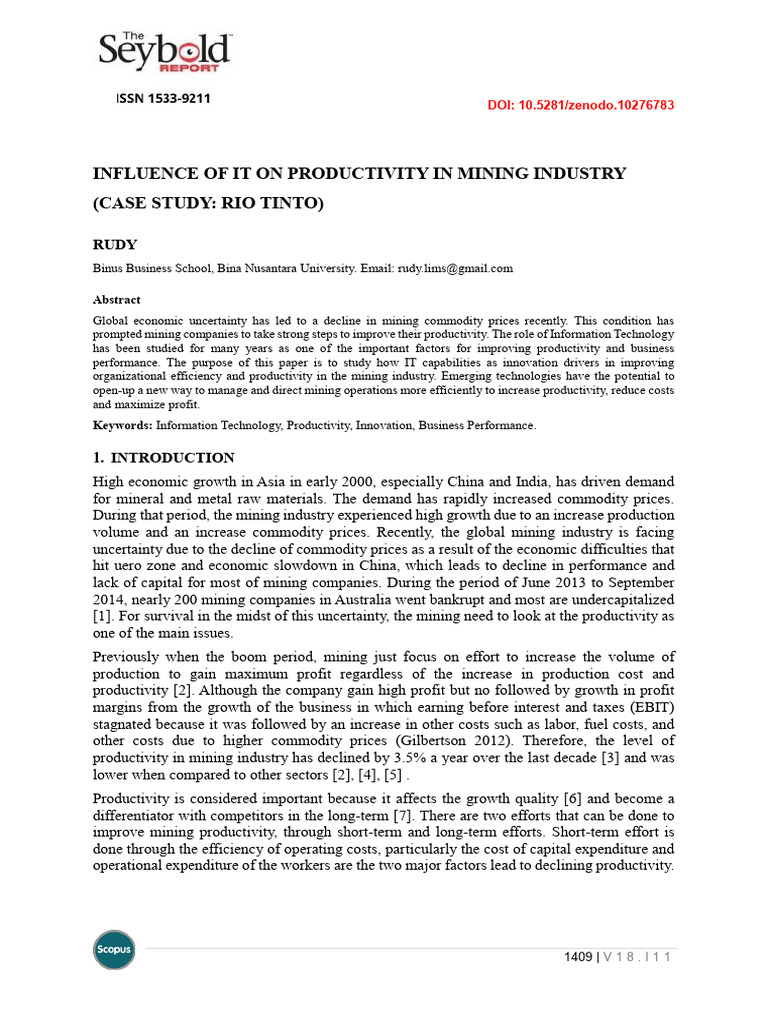 Influence of It On Productivity in Mining Industry (Case Study: Rio ...