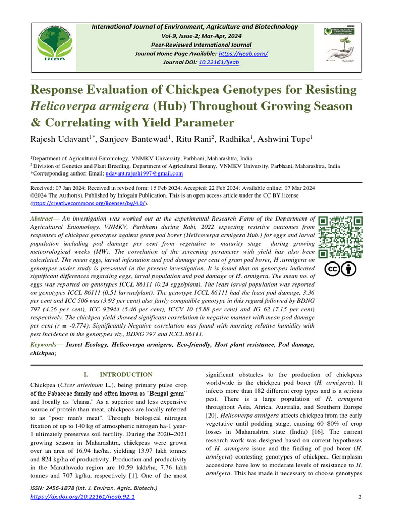 Response Evaluation of Chickpea Genotypes for Resisting Helicoverpa armigera (Hub) Throughout ...
