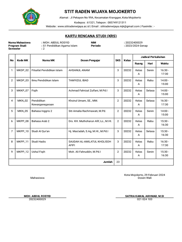 Cetak Laporan KRS Mahasiswa Semester 2 | PDF