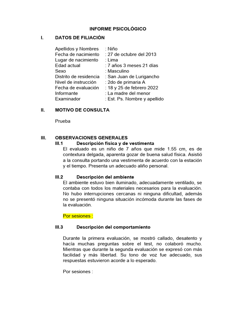 Modelo de Informe Psicológico Wisc V | PDF | Cociente de inteligencia | Inteligencia