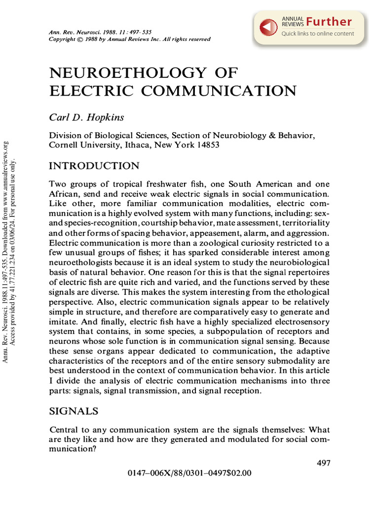 Hopkins 2003 Neuroethology of Electric Communication | PDF | Action ...