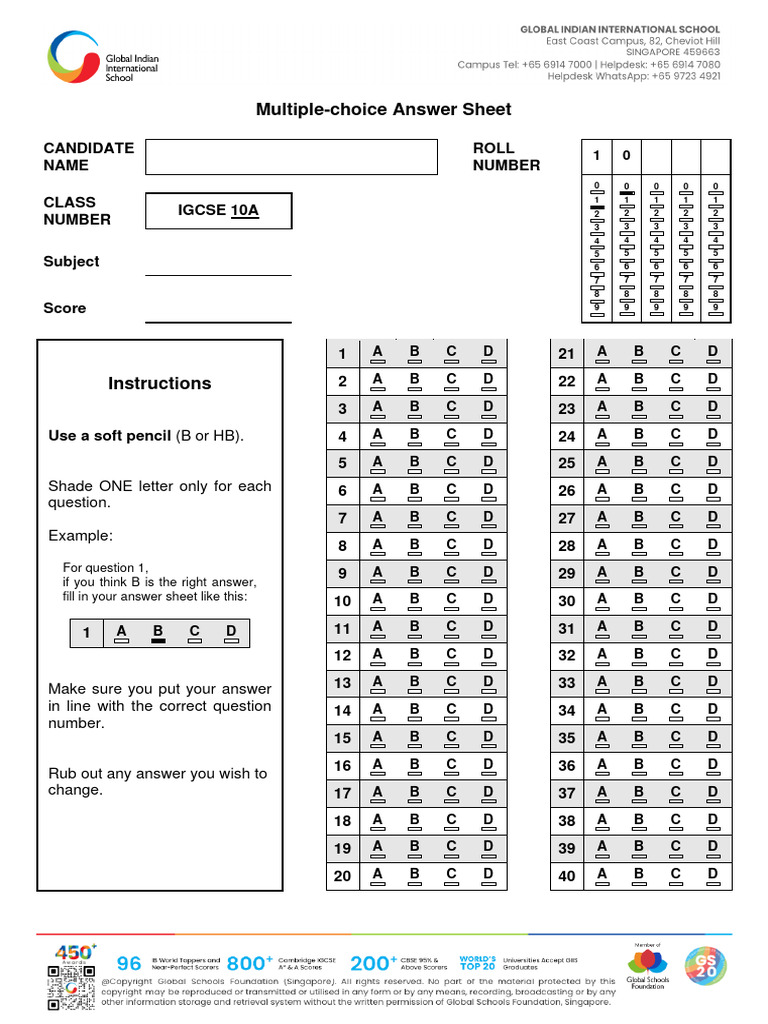 Multiple-Choice Answer Sheet For 10 IGCSE | PDF | Tests | Standardized ...