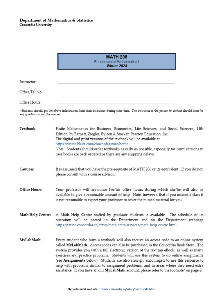 Math 208 Course Guide Winter 2024 | PDF | Matrix (Mathematics ...