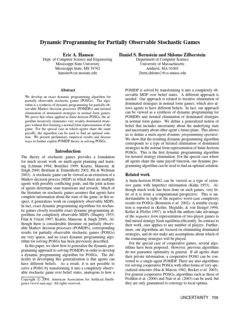 Dynamic Programming For Partially Observable Stochastic Games | PDF ...