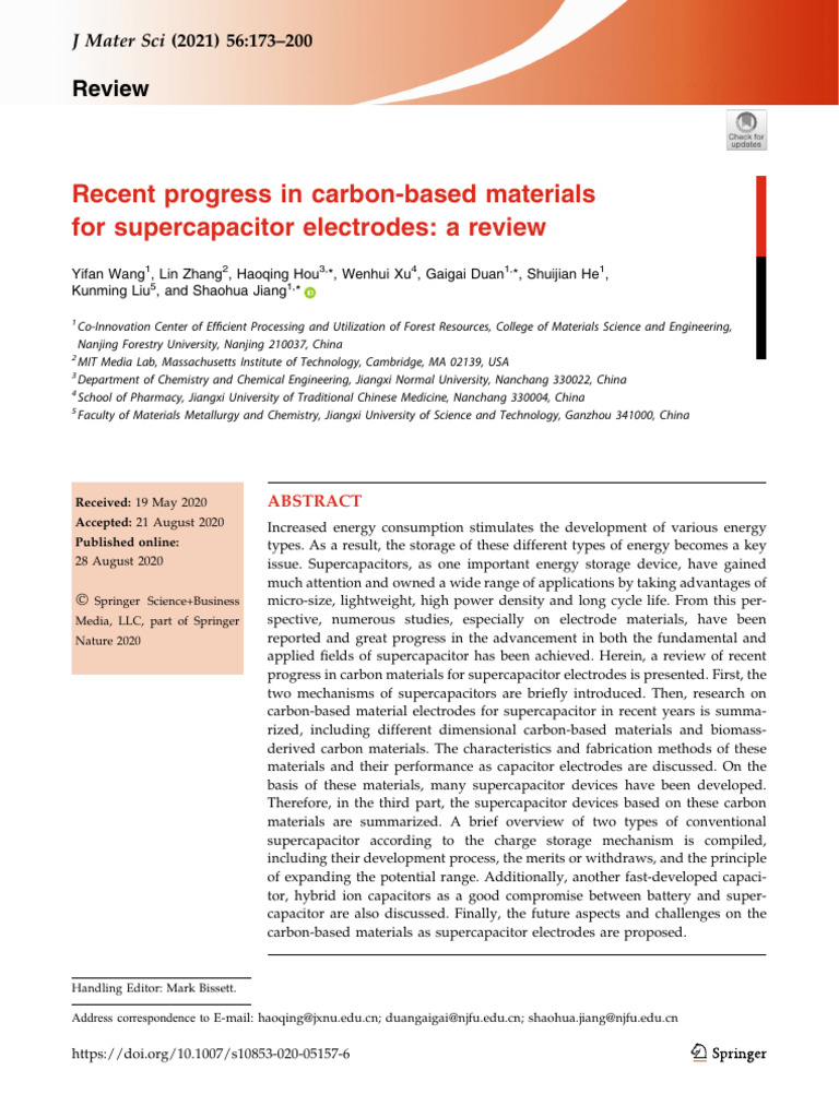 Wang - 2021 - JMaterSci-Recent Progress in Carbon-Based Materials For Supercapacitor Electrodes ...