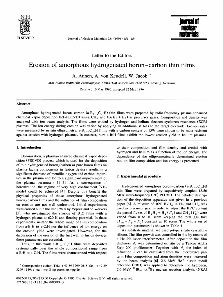 1996 Erosion of Amorphous Hydrogenated Boron-Carbon Thin Films | PDF ...