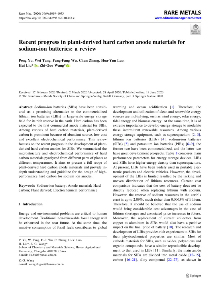 Yu - 2020 - RareMat - Recent Progress in Plant-Derived Hard Carbon ...