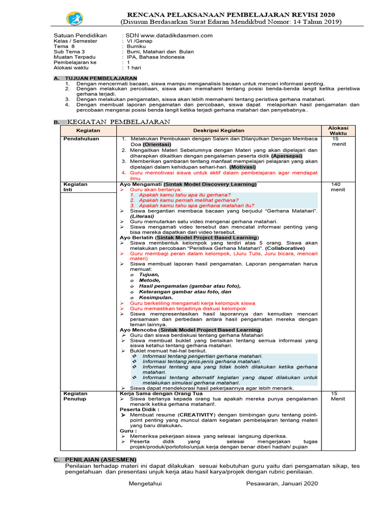 RPP Pembelajaran Gerhana Matahari SD | PDF