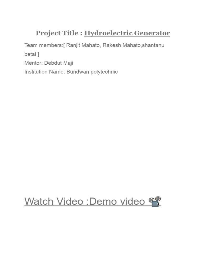 Major Project File Hydro Electric Generator | Download Free PDF ...