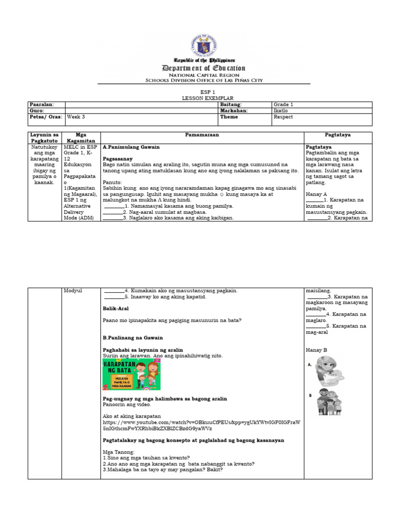 Esp 1 Week 3 Lesson Exemplar | PDF