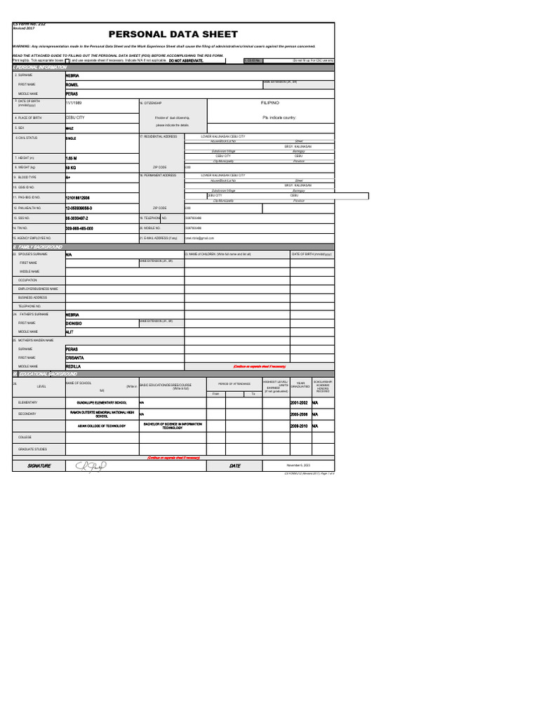 CS Form No. 212 Personal Data Sheet Revised | Download Free PDF | Crimes | Crime & Violence