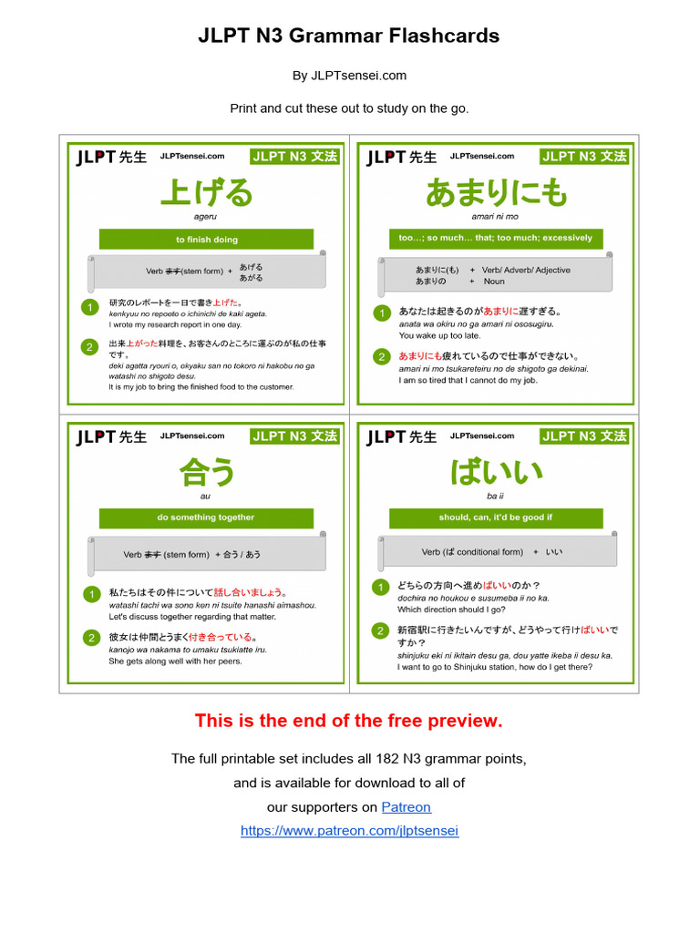 N3 Grammar Flashcards for JLPT Study | PDF | Home & Garden
