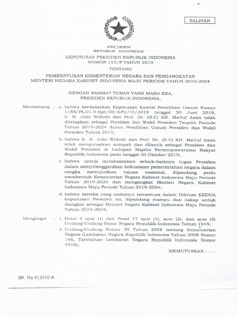 Kepres 113 2019 Pembentukan Kabinet | PDF