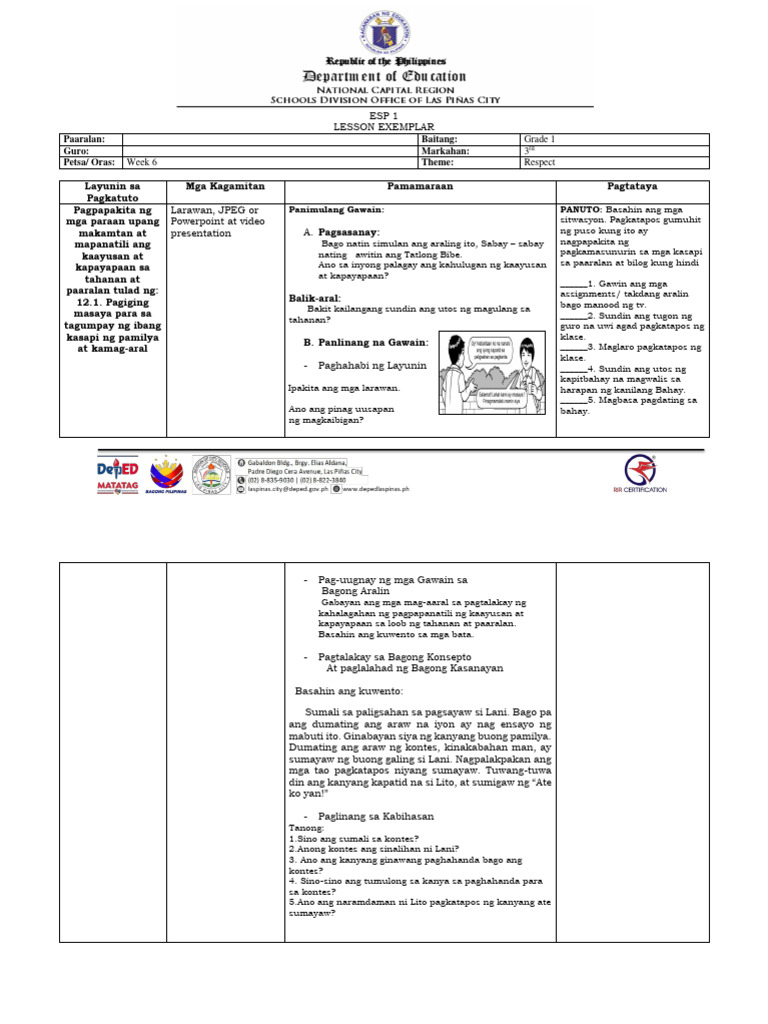 Esp-1-Week 6-Lesson Exemplar | PDF