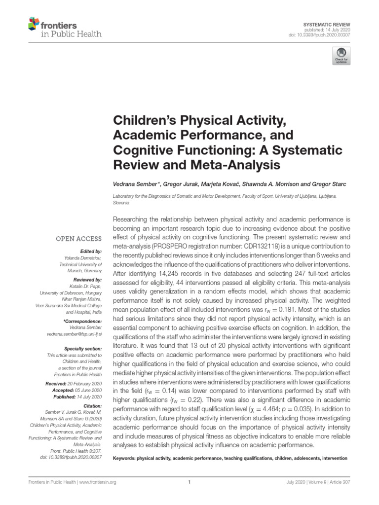 Children's Physical Activity, Academic Performance, and Cognitive ...