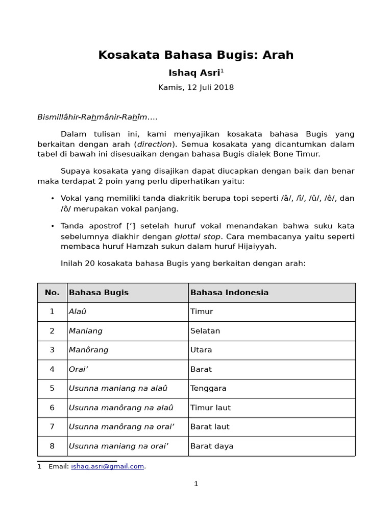 Kosakata Bahasa Bugis Arah | PDF