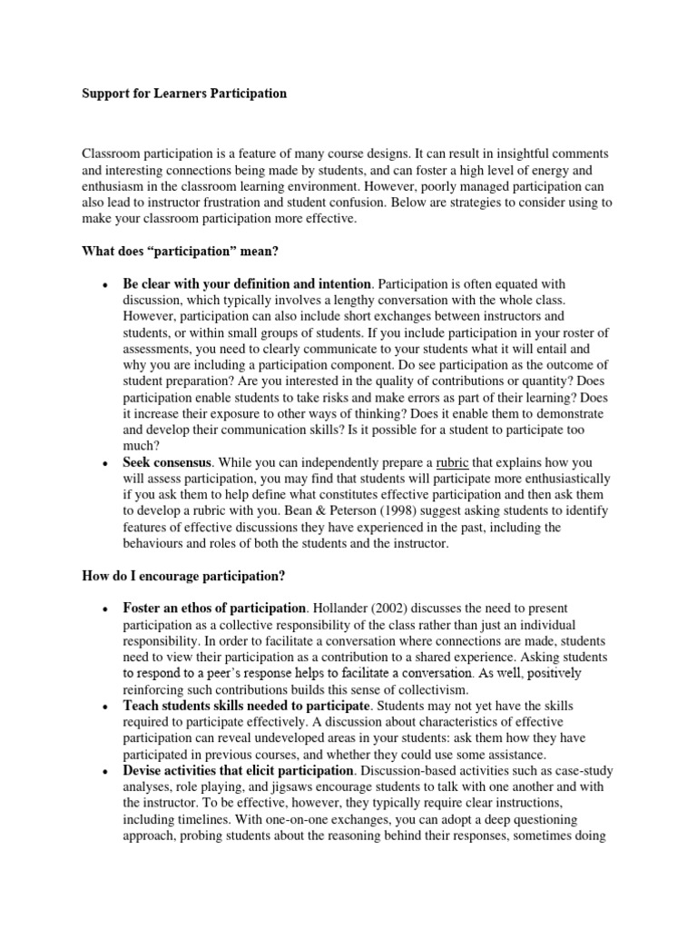Enhancing Learner Participation Strategies | PDF | Learning | Rubric ...