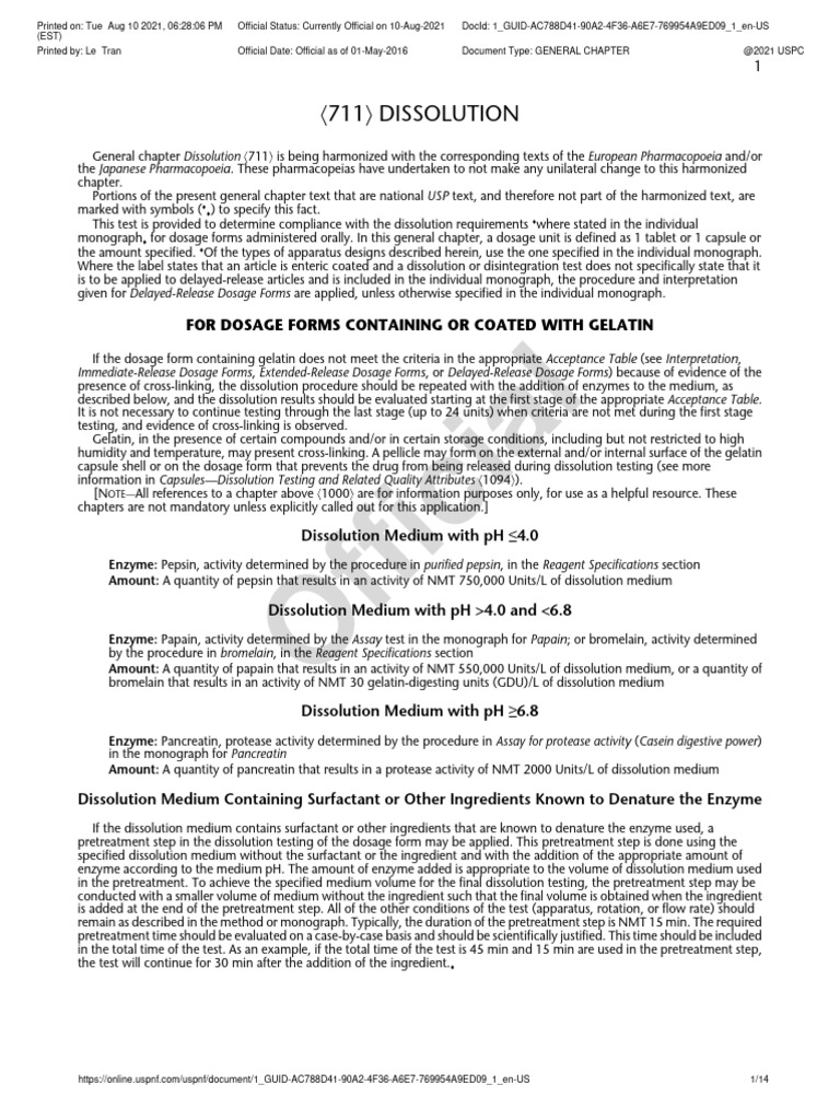 〈711〉 DISSOLUTION - 221117 - 130956 | PDF | Medicinal Chemistry | Pharmacy