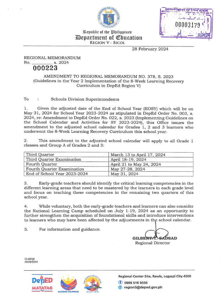 Adjusted School Calendar For 8 Week LRC | PDF