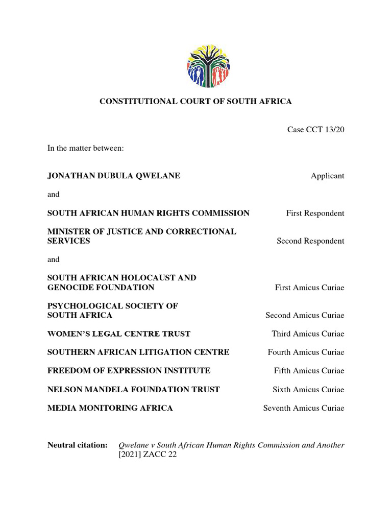 Qwelane V South African Human Rights Commission and Another (CCT 13/20 ...